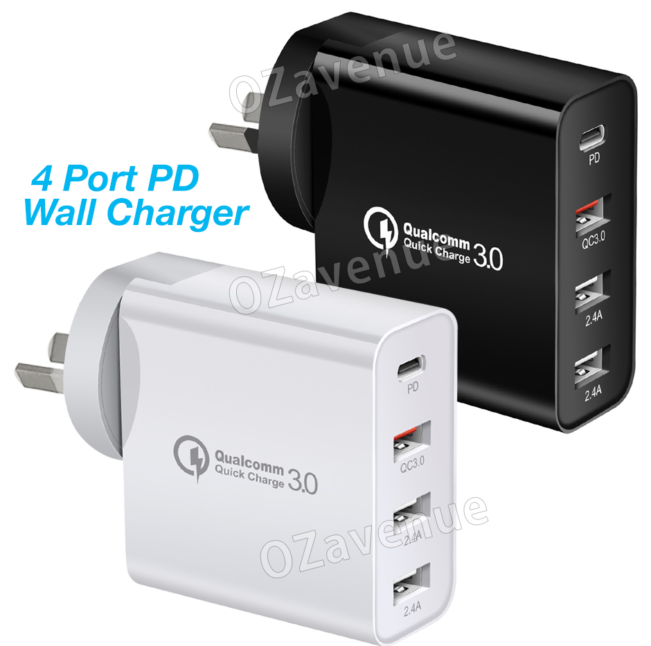 48W 4-Port Qualcomm Charger Quick Charge 3.0 USB C Wall Power Adapter ...
